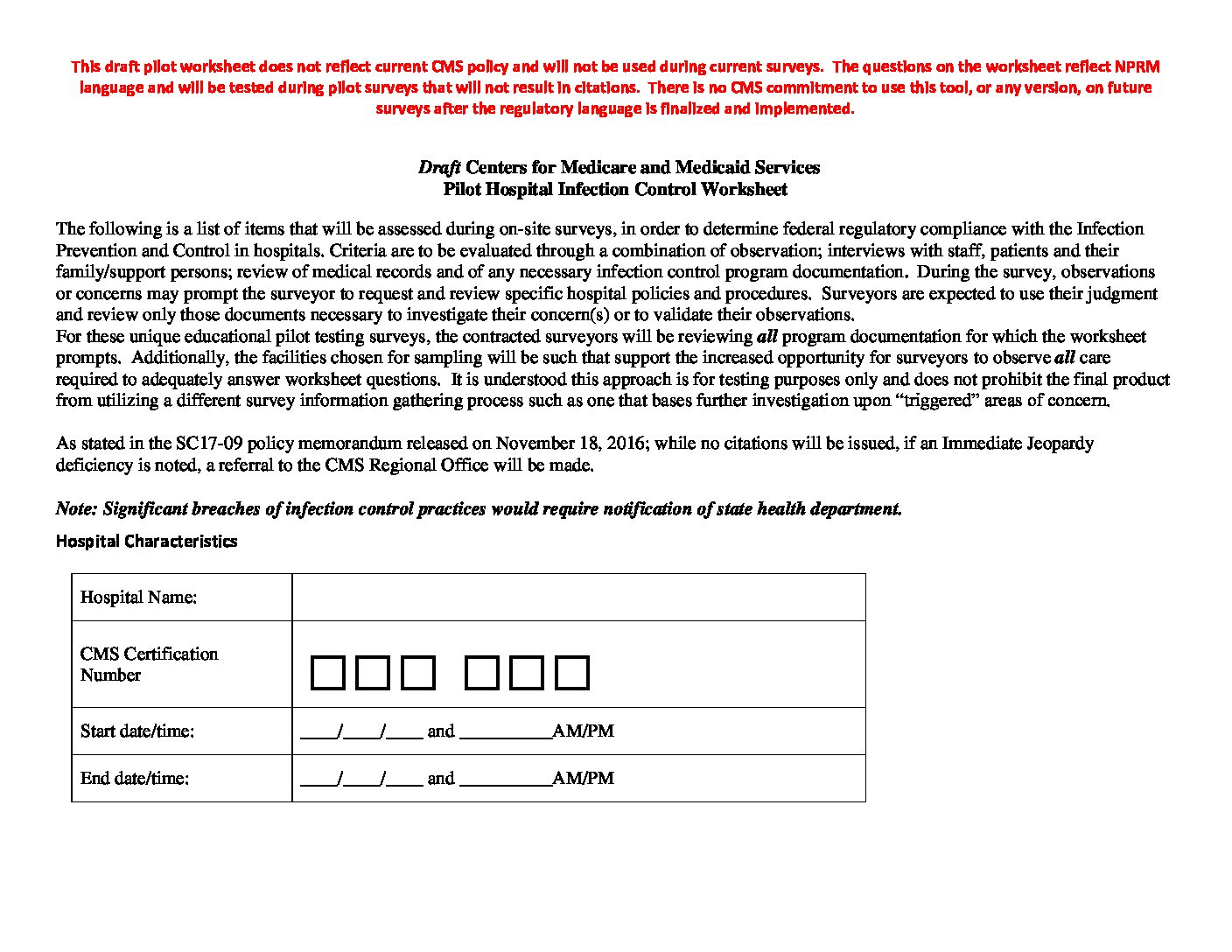 Infection Control Worksheet