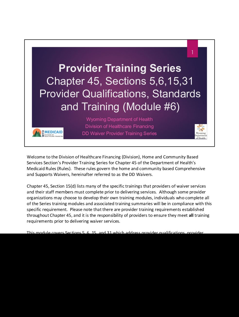 Provider Training Series Module #6 - Sections 5,6,15,31 - Provider ...
