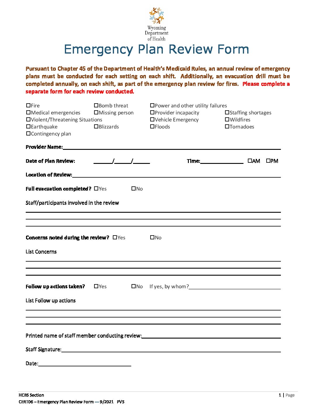 CERT06 - Emergency Plan Review Form - Wyoming Department of Health