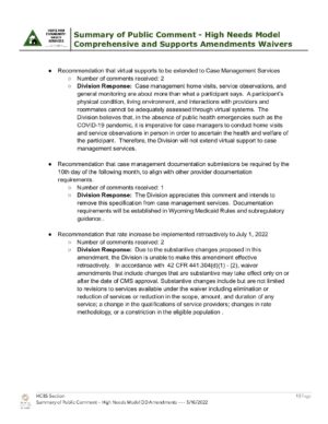 Public Comment Summary - High Needs Model - Wyoming Department of Health