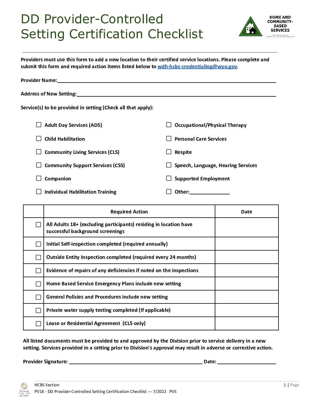 PV18 - DD Provider-Controlled Setting Certification Checklist - Wyoming ...