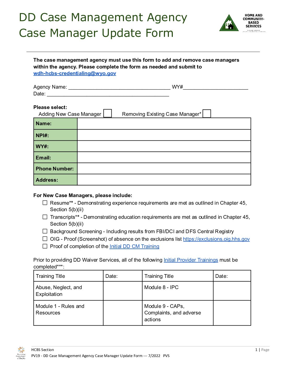 PV19 - DD Case Management Agency Case Manager Update Form - Wyoming Department of Health