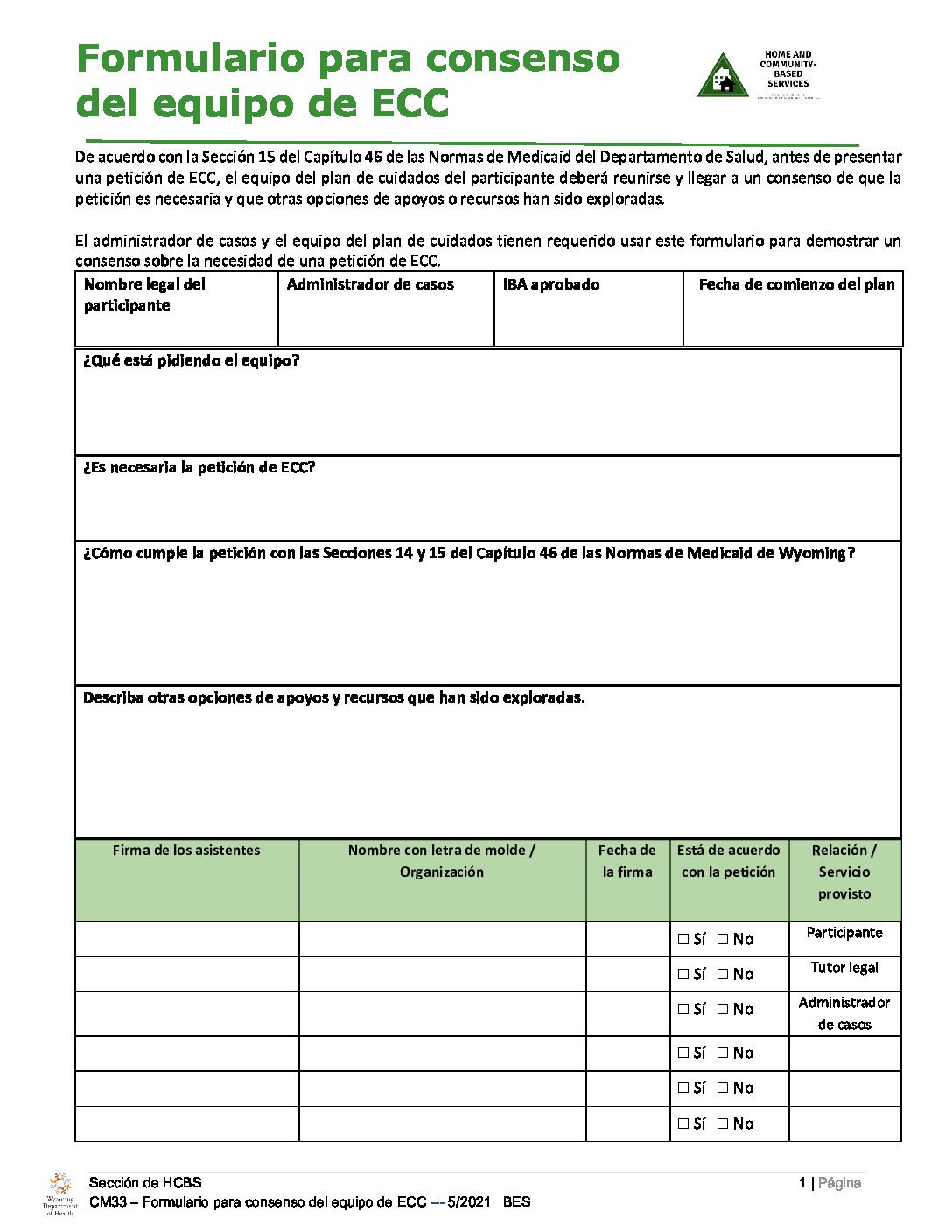 CM33-ECC Team Consensus Form (Spanish) - Wyoming Department of Health