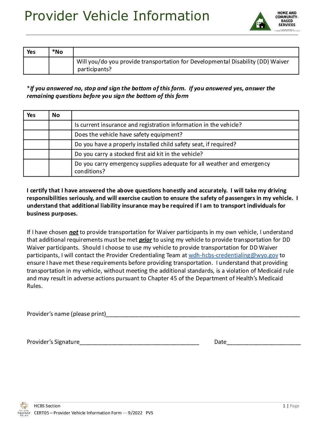 CERT05-Provider Vehicle Information Form - Wyoming Department of Health