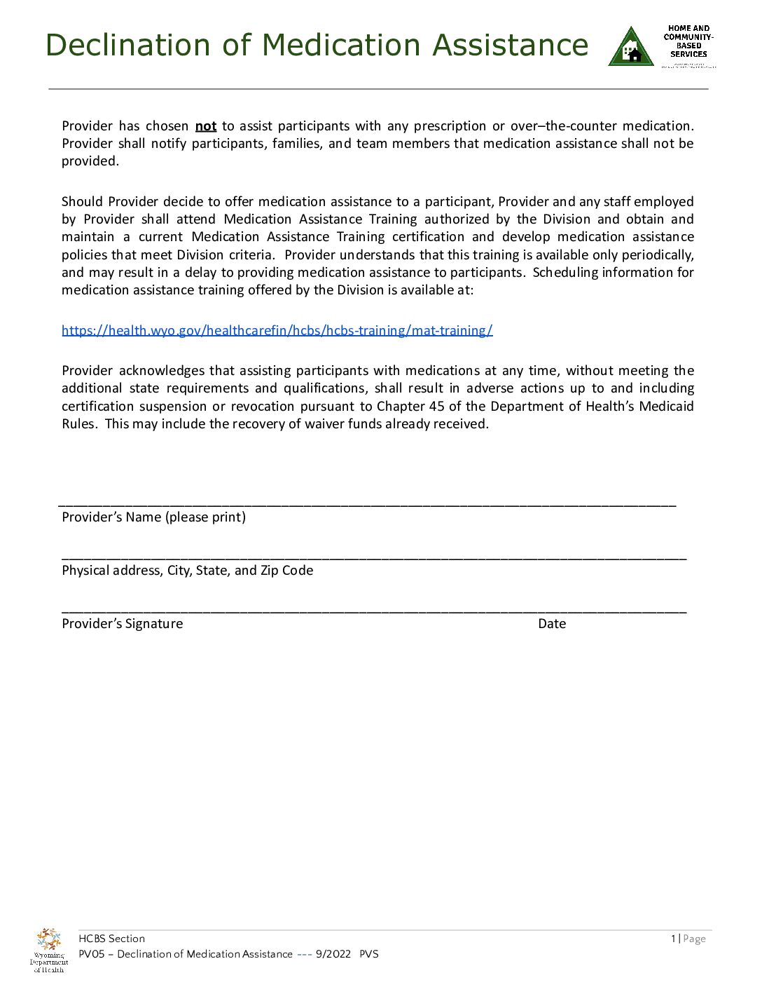 PV05-Declination of Medication Assistance - Wyoming Department of Health