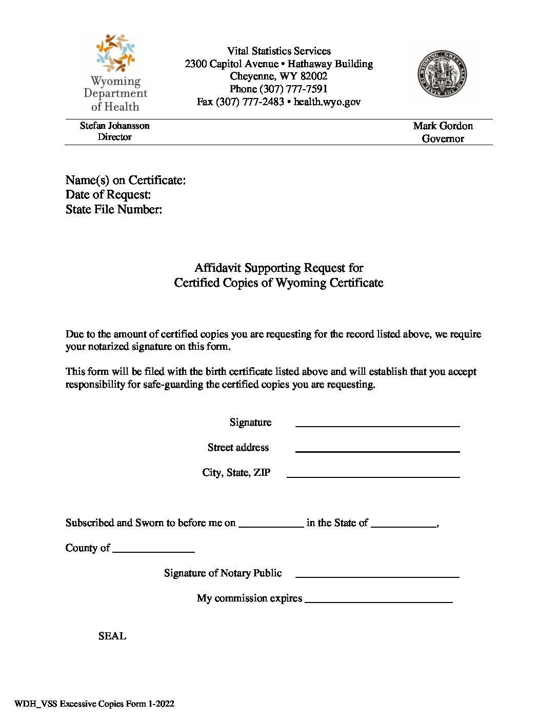 WDH_VSS Excessive Copies Form 1-2022 - Wyoming Department of Health
