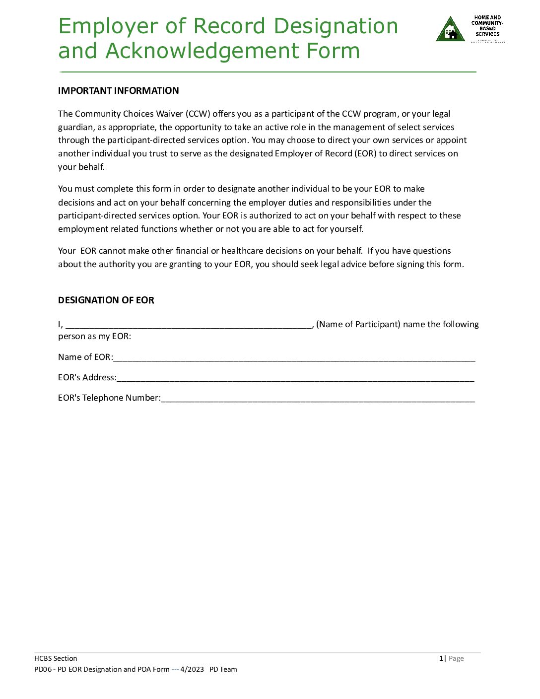 PD06 - PD EOR Designation and Acknowledgement Form - Wyoming Department of Health
