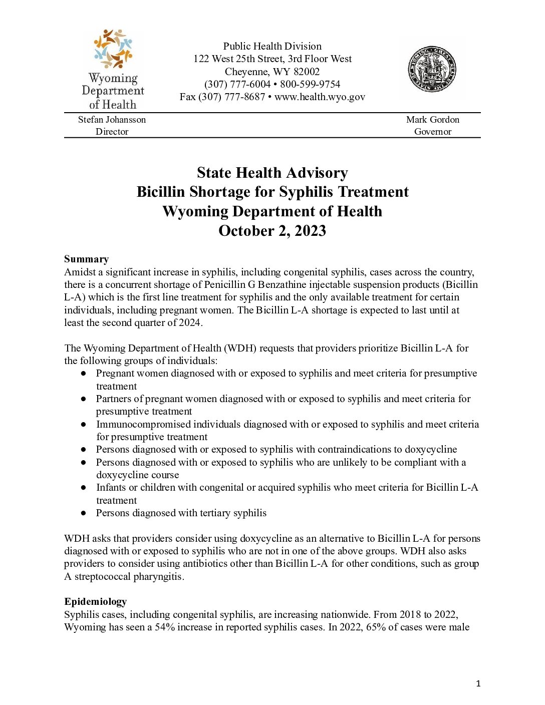 Syphilis Health Advisory 10.2.23 - Wyoming Department of Health