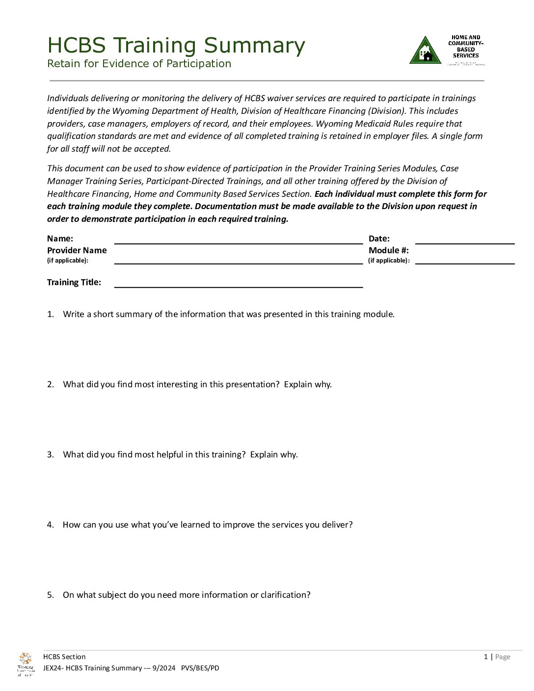 HCBS JEX24 Training Summary - Wyoming Department of Health