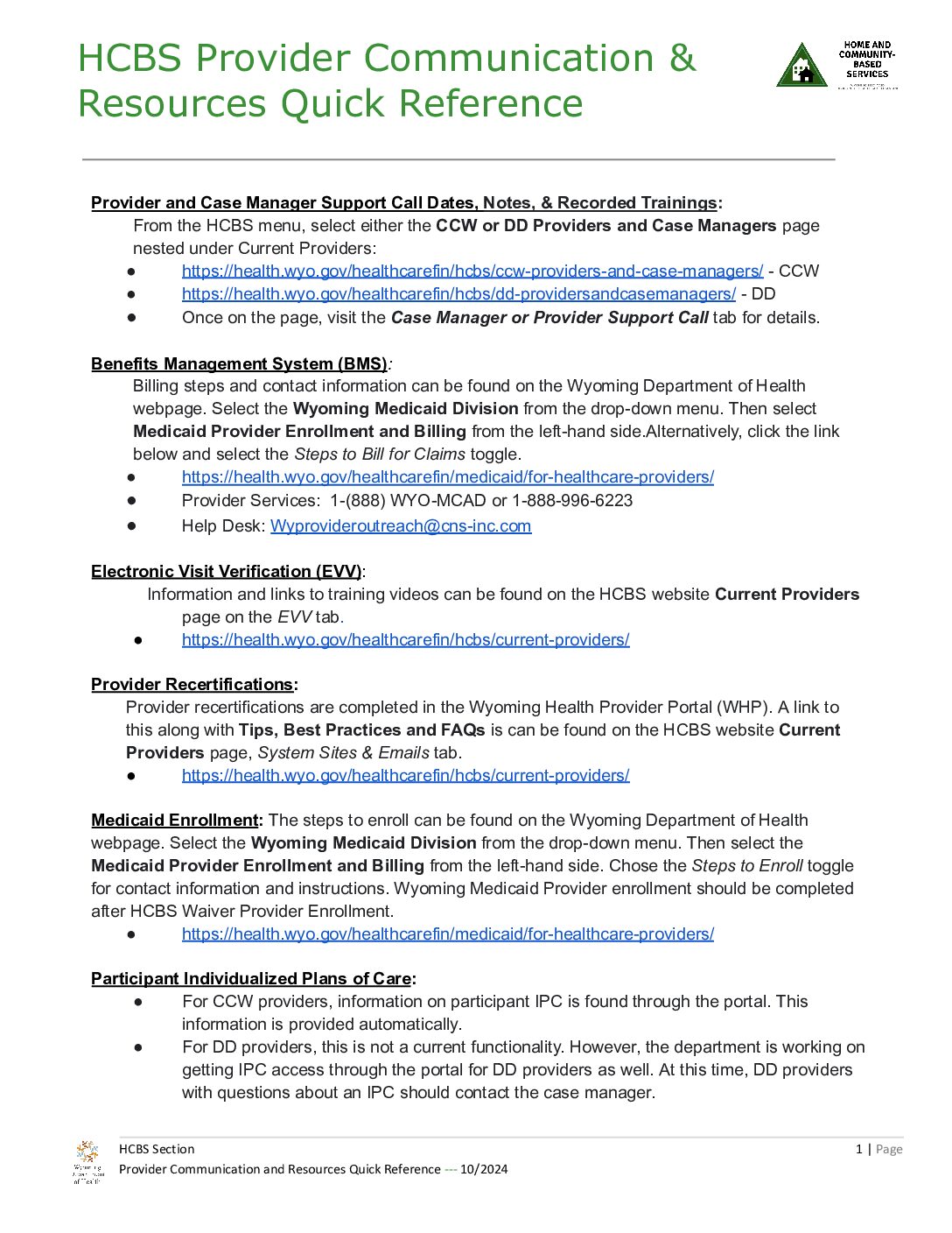 HCBS Provider Communication and Resources Quick Reference - Wyoming ...