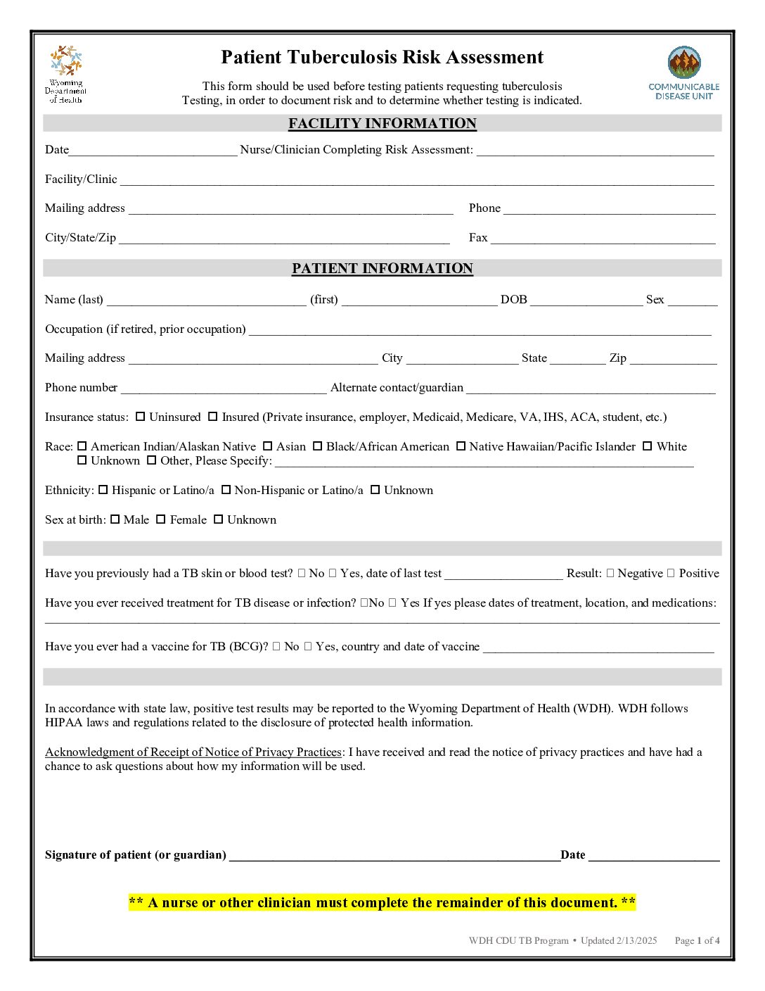FINAL 2025 Patient TB Risk Assessment - Wyoming Department of Health