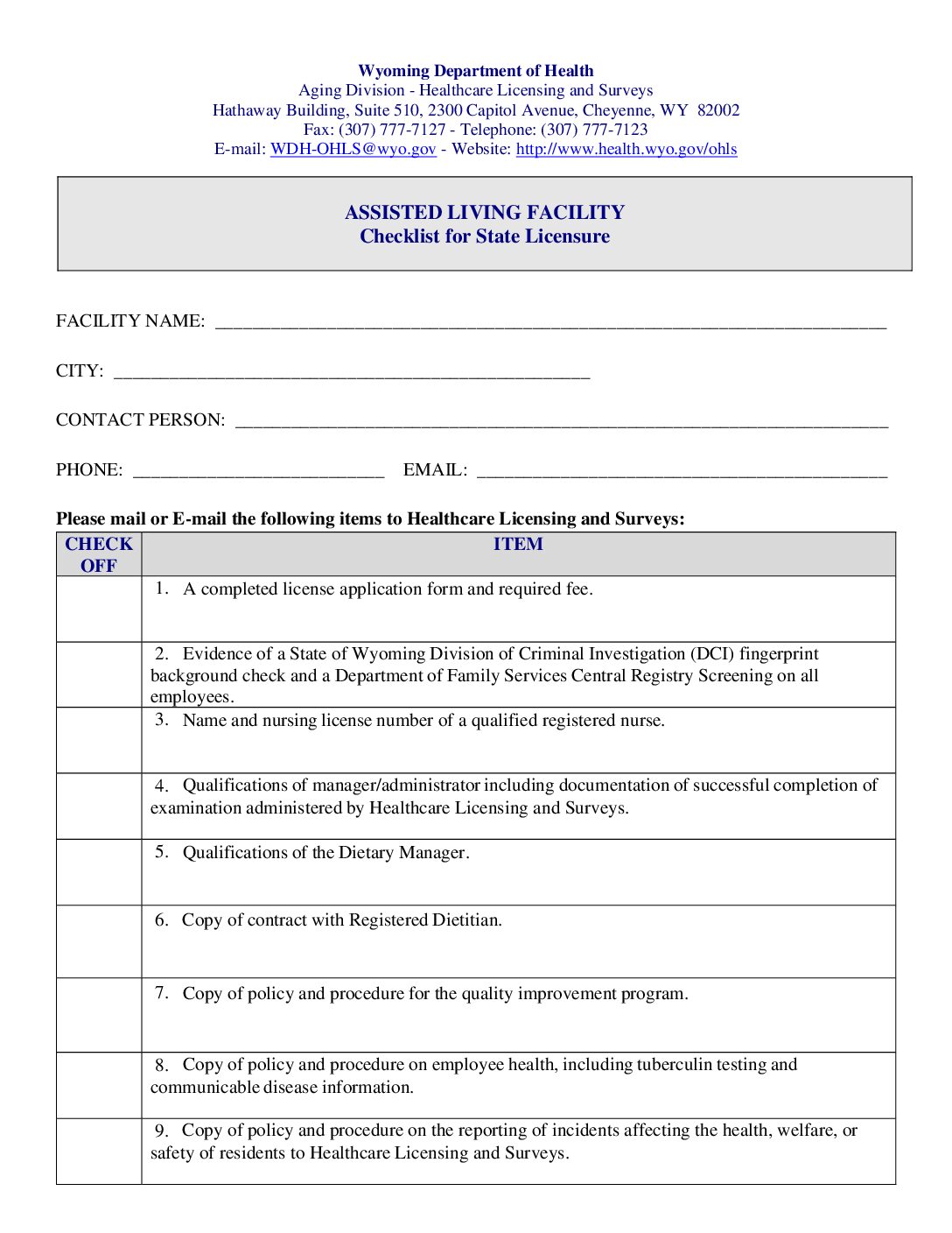 New ALF Checklist 08 14 25 - Wyoming Department of Health
