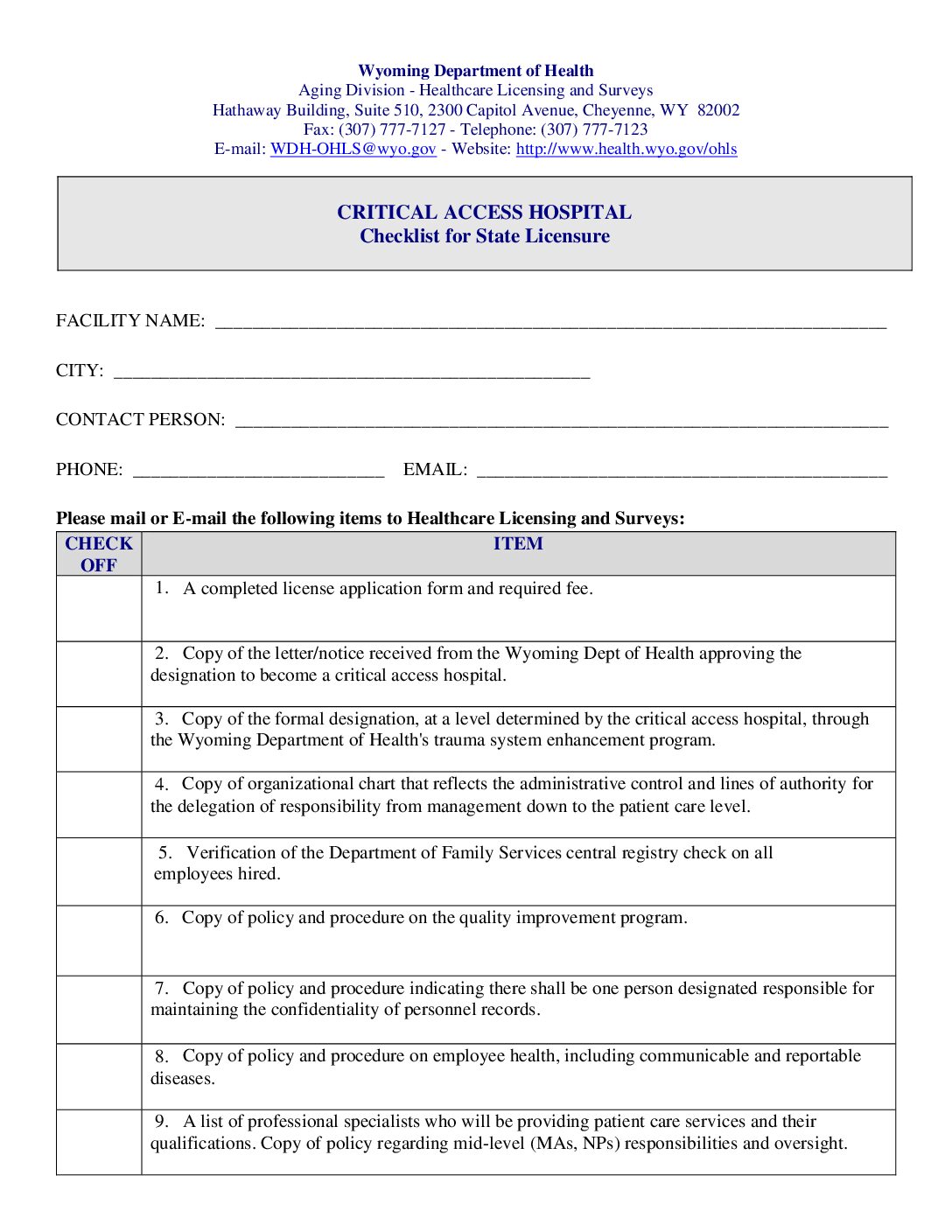 New CAH Checklist 08 14 25 - Wyoming Department of Health
