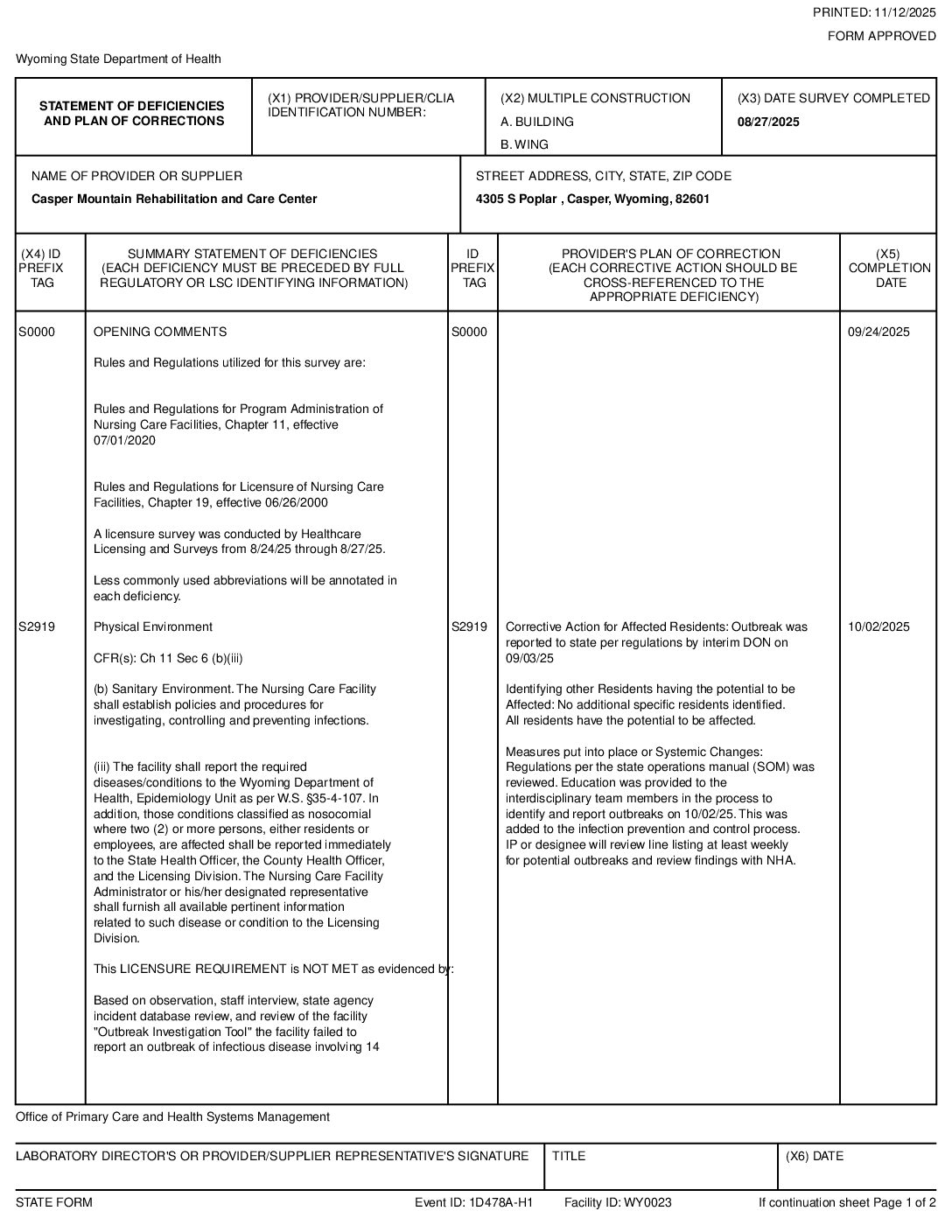 State-StatementOfDeficiencies - Wyoming Department of Health